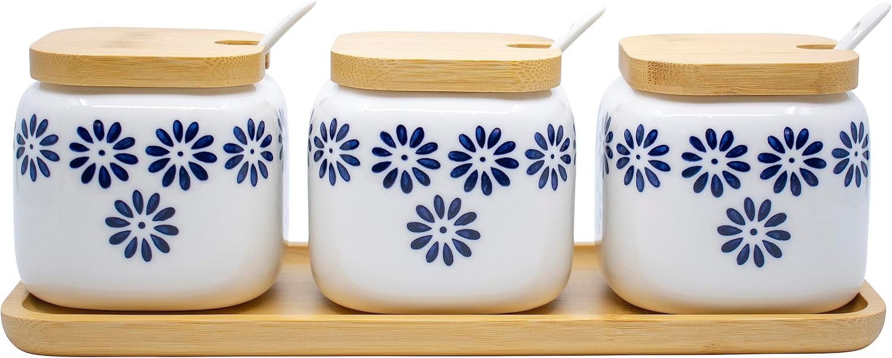 Set of 3 Printed White Ceramic Condiment Spice Jars with Spoons and ...