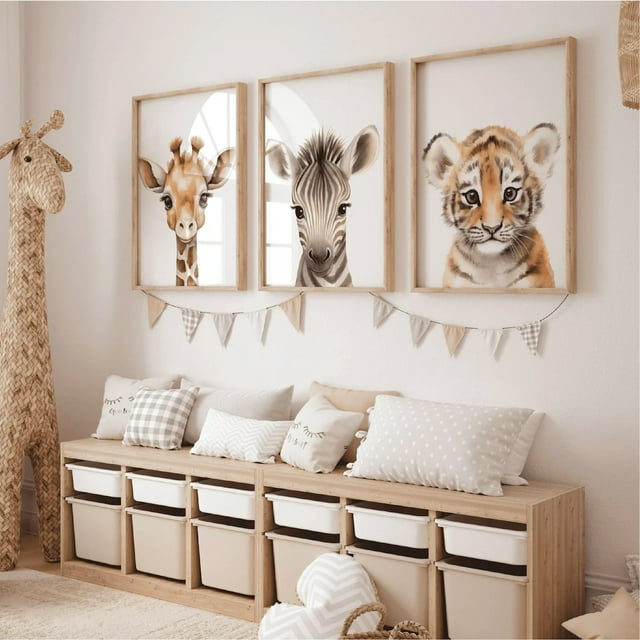 Set of 3 Prints Baby Animal Nursery Wall Art Giraffe Zebra Lion Poster ...
