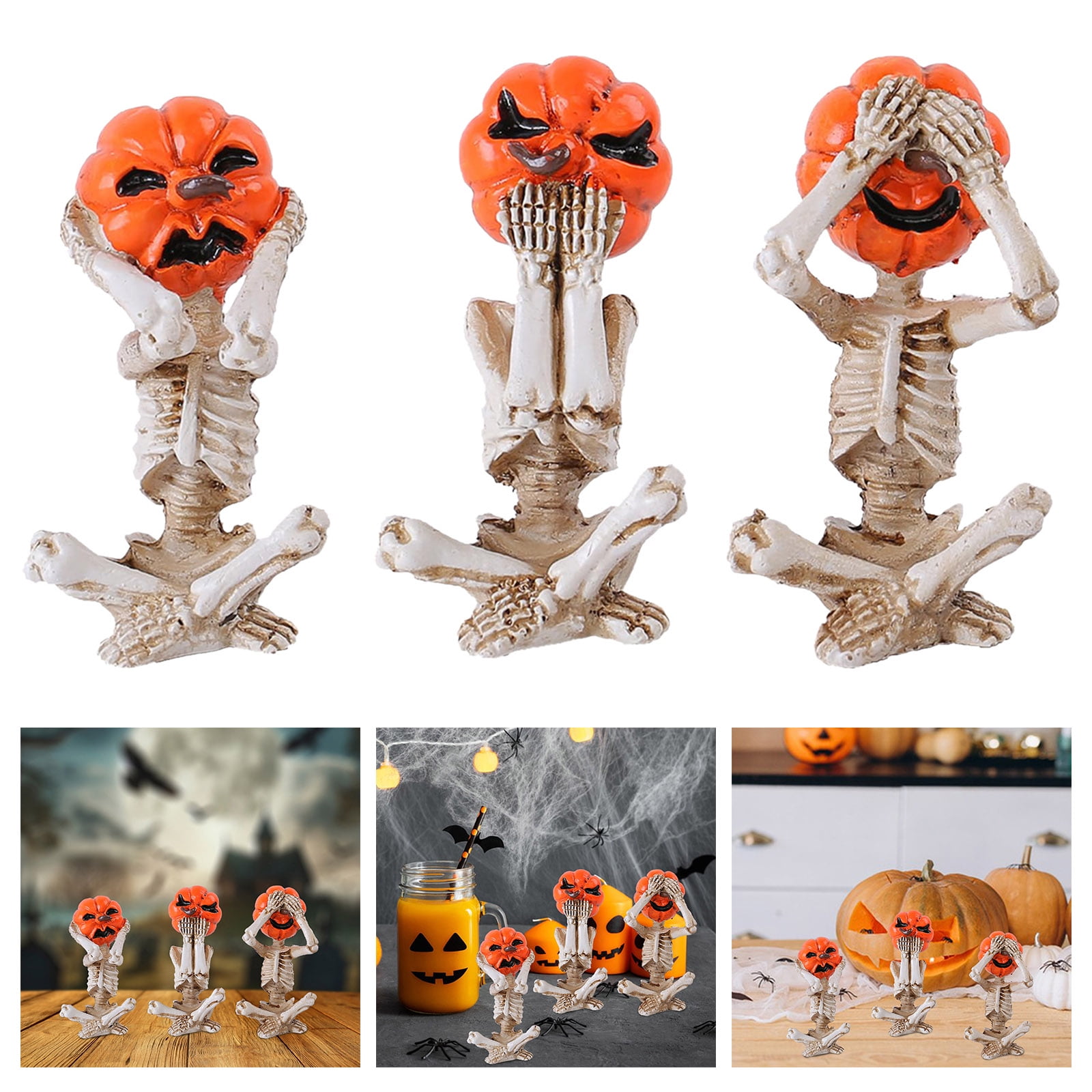 Set of 3 Pumpkin Head Skeleton Statues,Horror Skull Halloween Resin ...