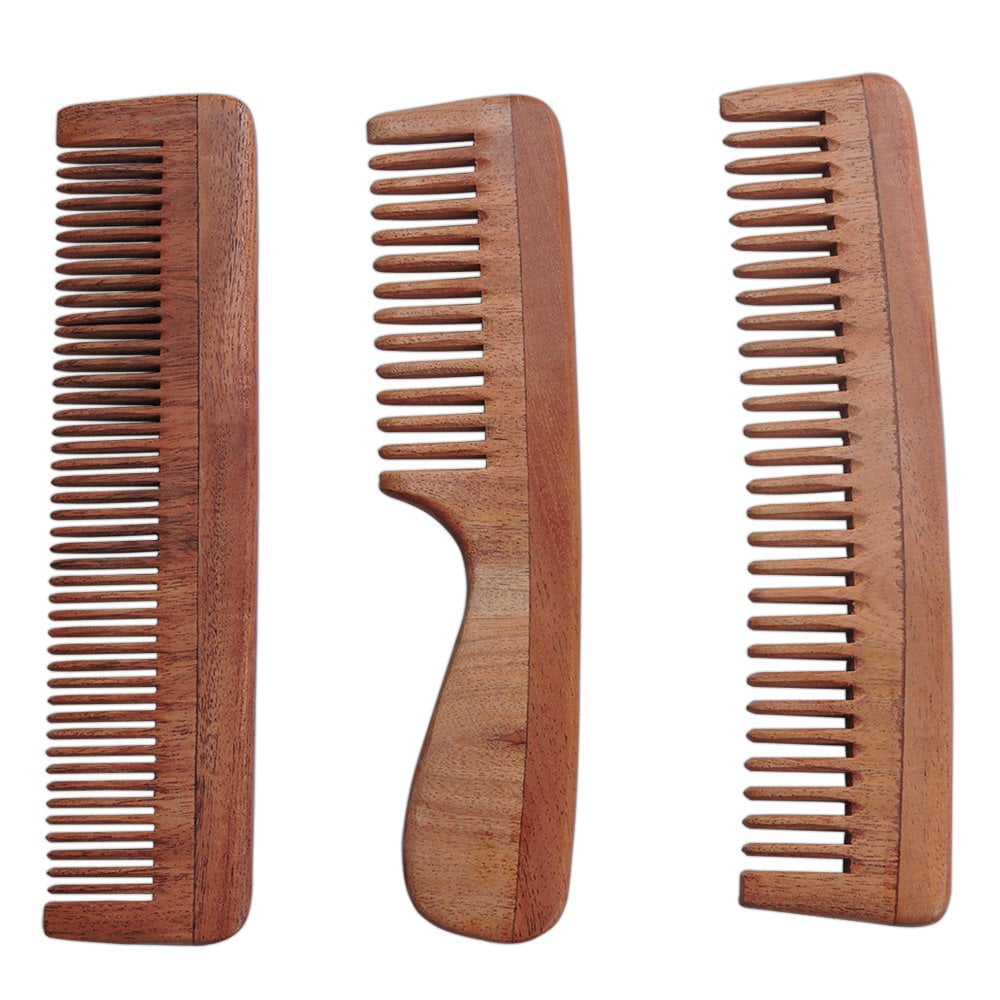 Set of 3 Pure Neem Wood Combs - Wide, Fine and Wide Tooth with Handle ...