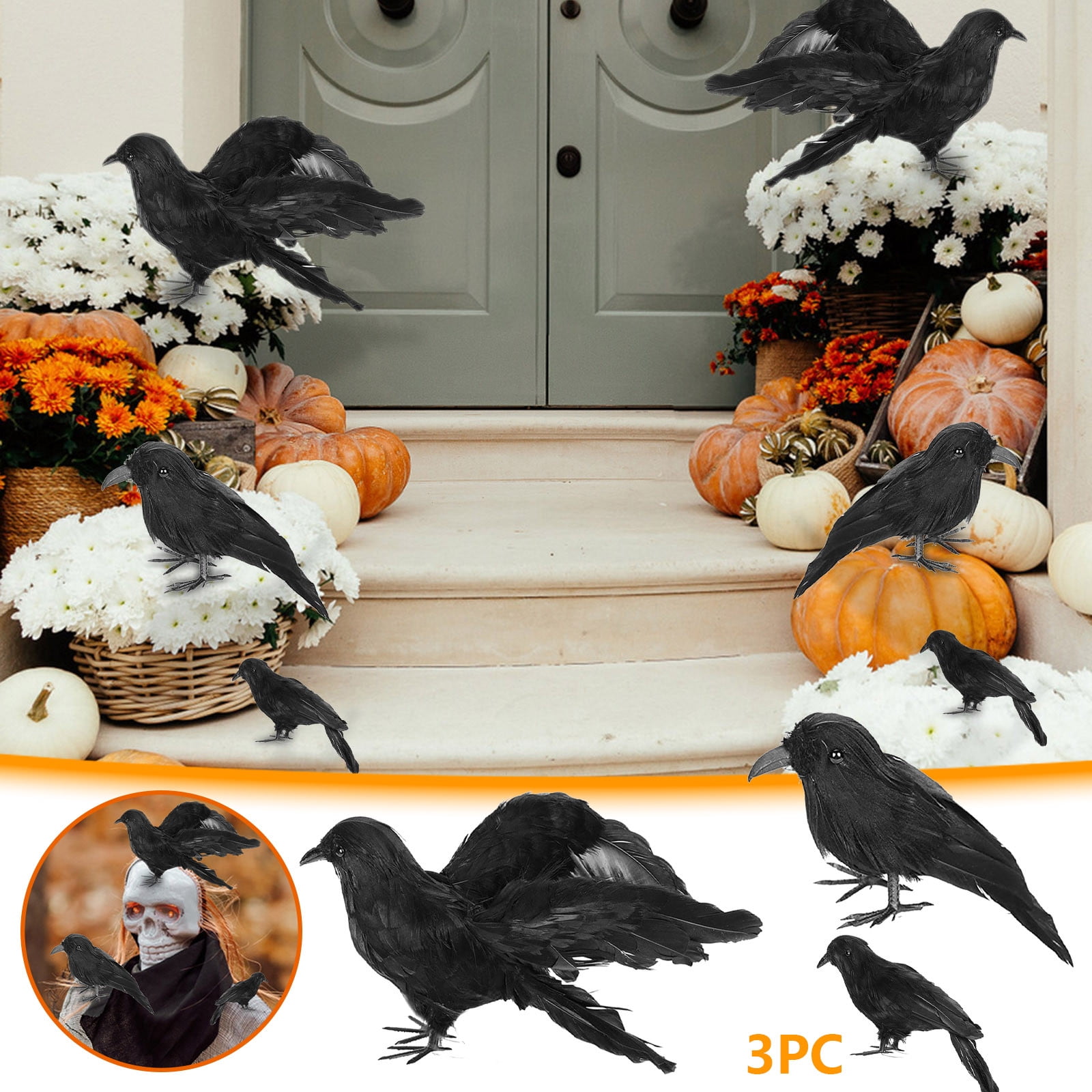 Set of 3 Realistic Crows Decor - Feathered Foam Halloween Props ...