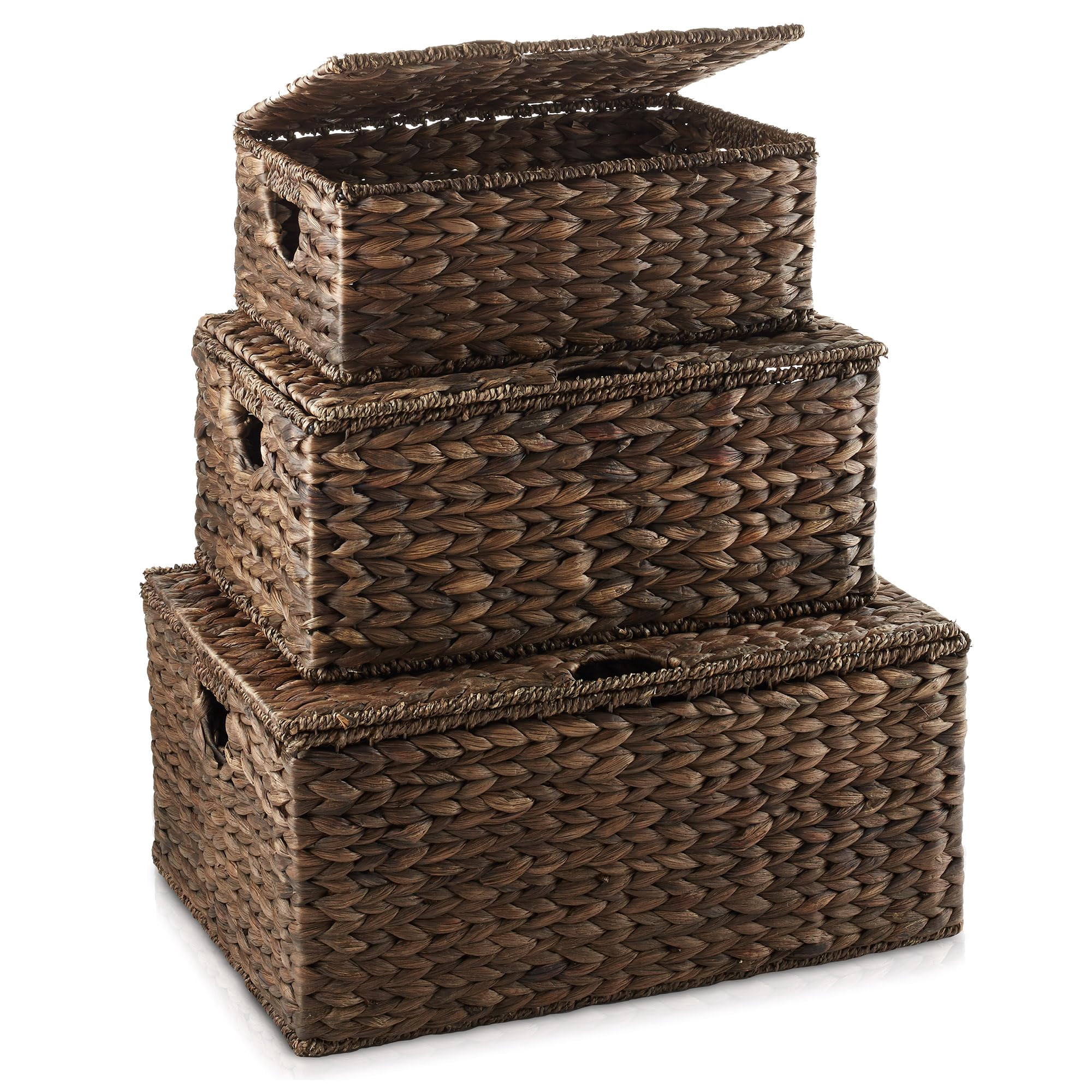 Set of 3 Rectangular Water Hyacinth Storage Baskets with Lids (Espresso ...