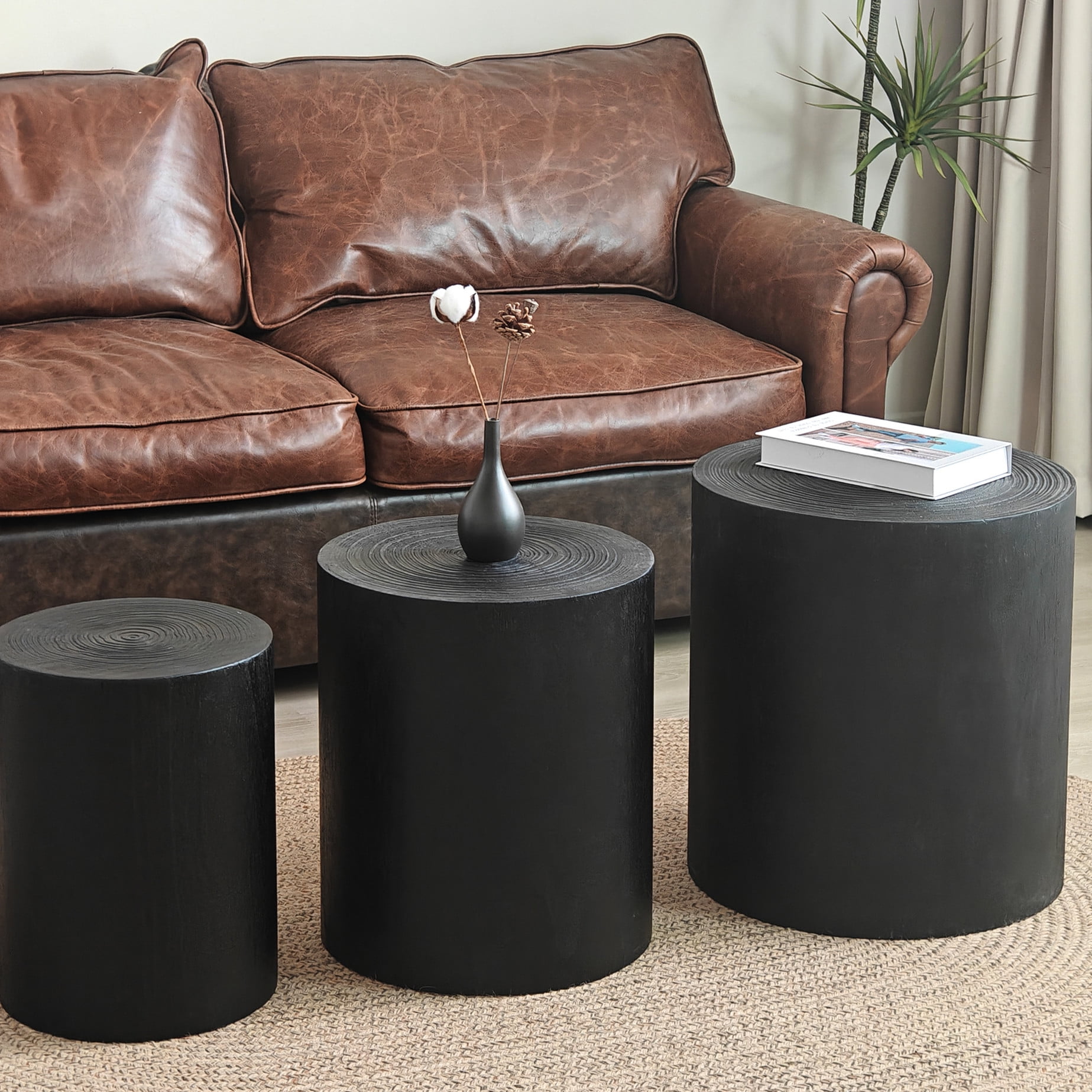 Set of 3 Round End Tables | Enhance Your Home's Appeal | Rustic Black Wood Tables | Adaptable to ...