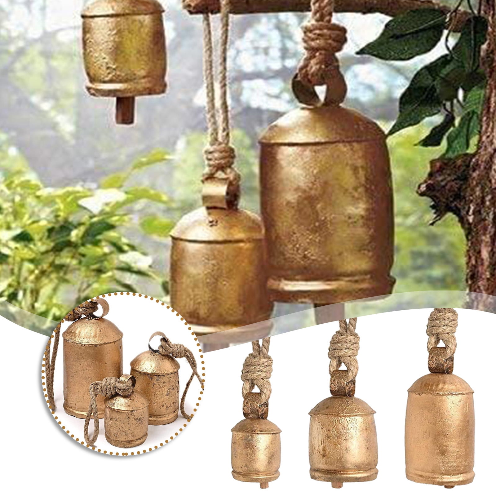 Set of 3 Rustic Brass Hanging Bells with Jute Rope for Home Decor ...