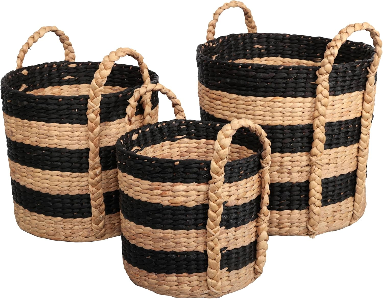 Set of 3 Rustic Cottage Stripe Handwoven Water Hyacinth Nesting Storage ...