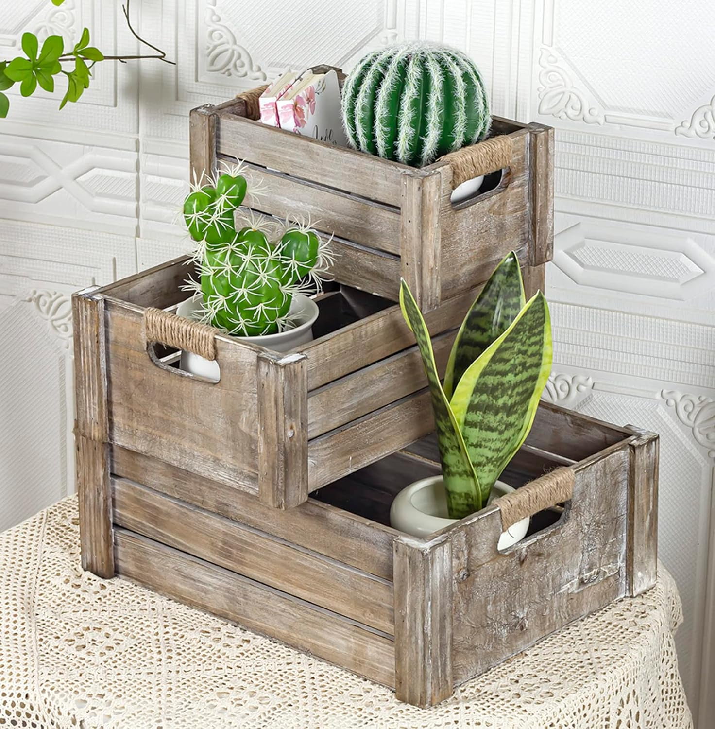 Set of 3 Rustic Distressed Wood Nesting Crates, Farmhouse Decorative ...