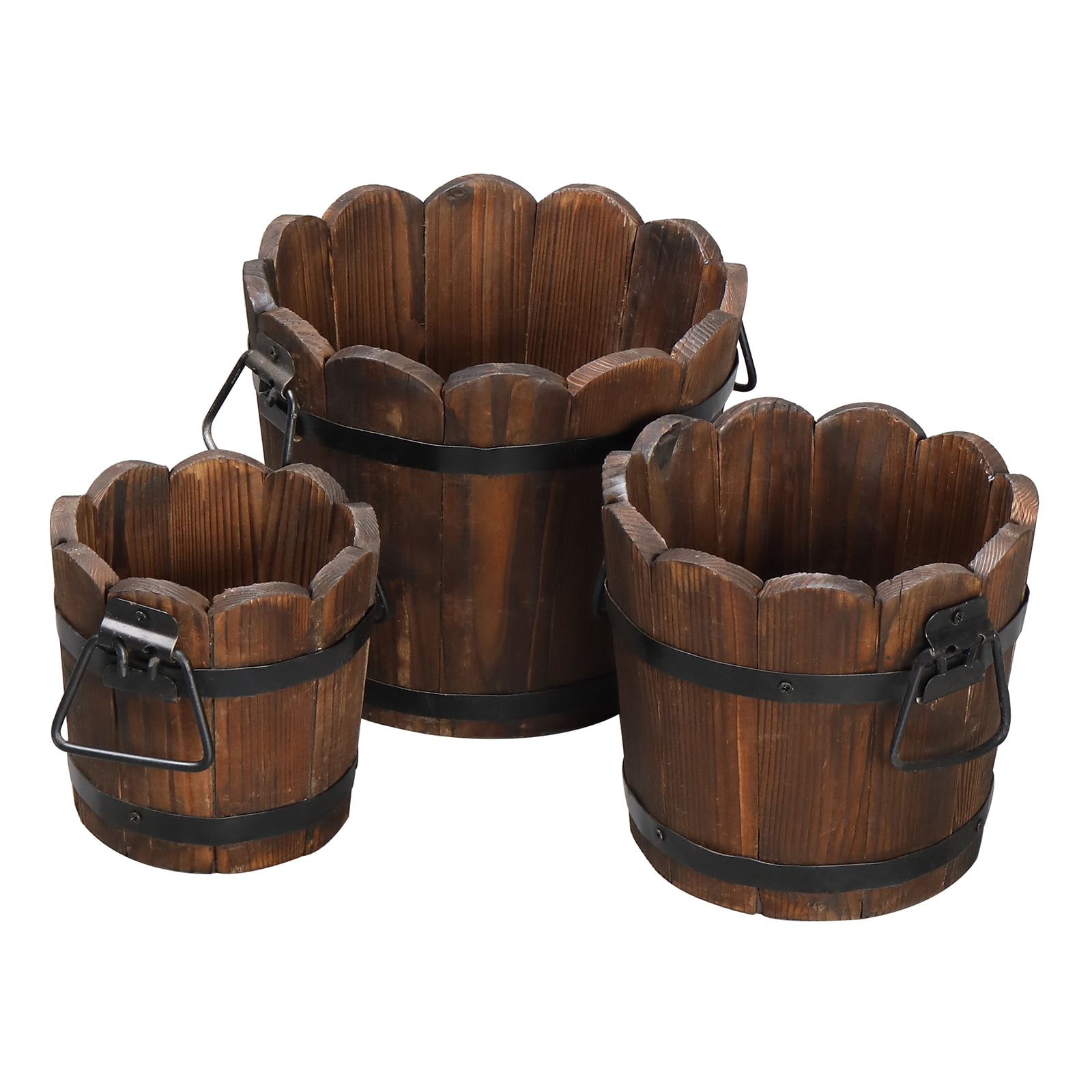Set of 3 Rustic Wood Bucket Barrel Planters Flower Pots Garden Planters ...