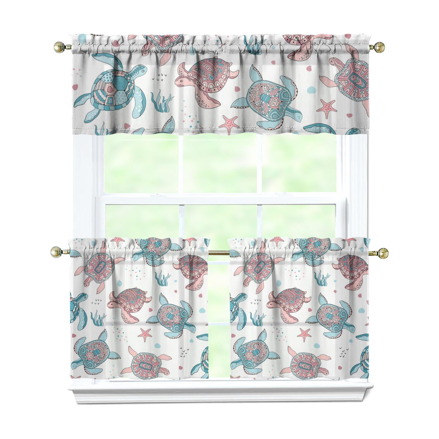 Set of 3 Sea Turtle Kitchen Curtains - Cute Turtles Cartoon Design ...