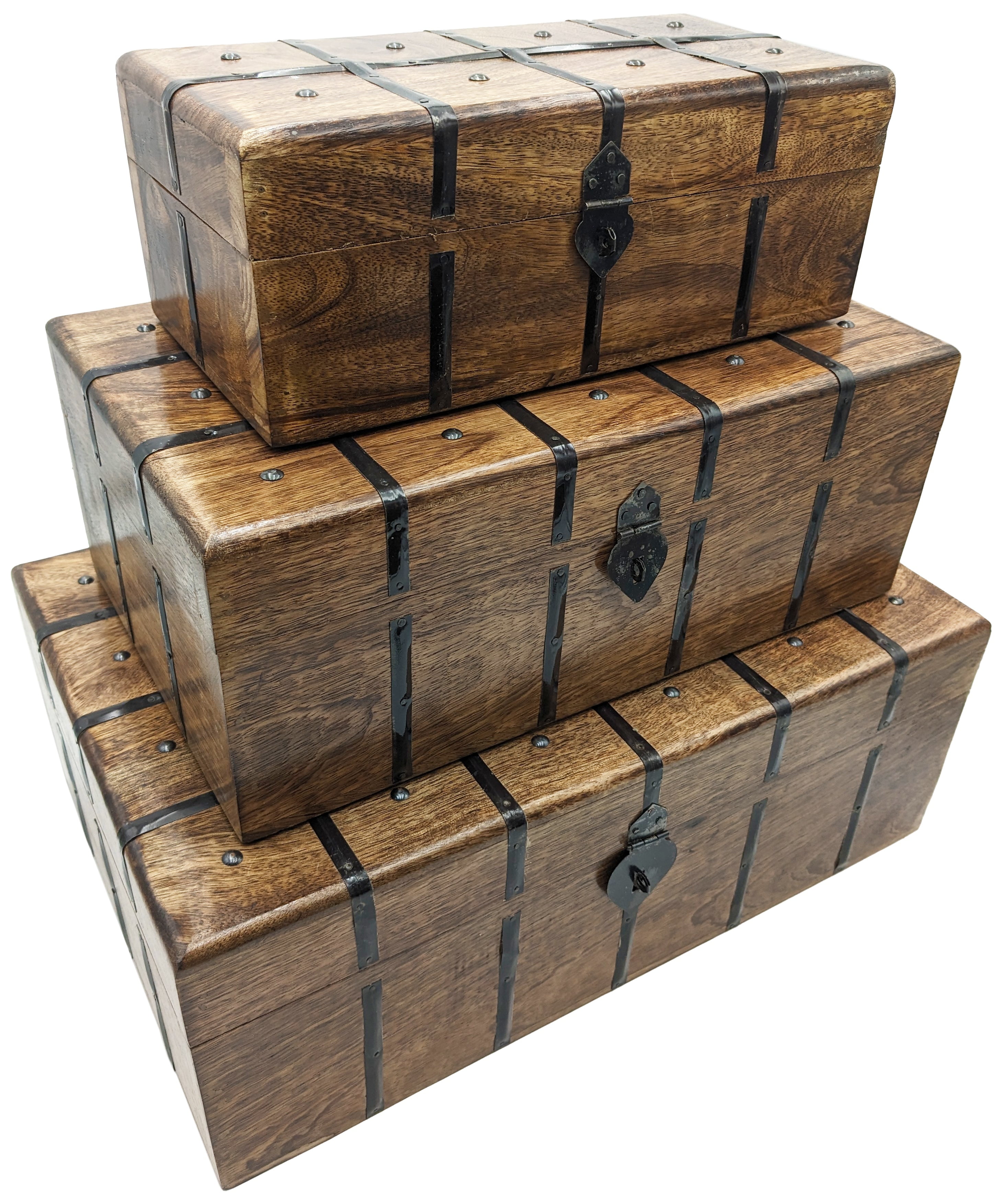 Set of 3 Small Medium and Large Nesting Wooden Pirate Treasure Chests Hinged Boxes Decorated with Black Metal Accents Hasps for Locks Walmart Business Supplies
