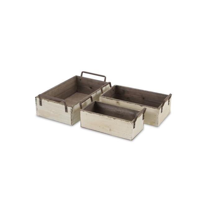 Set of 3 Small Wood Crate with Side Metal Handles and Metal Panel on ...