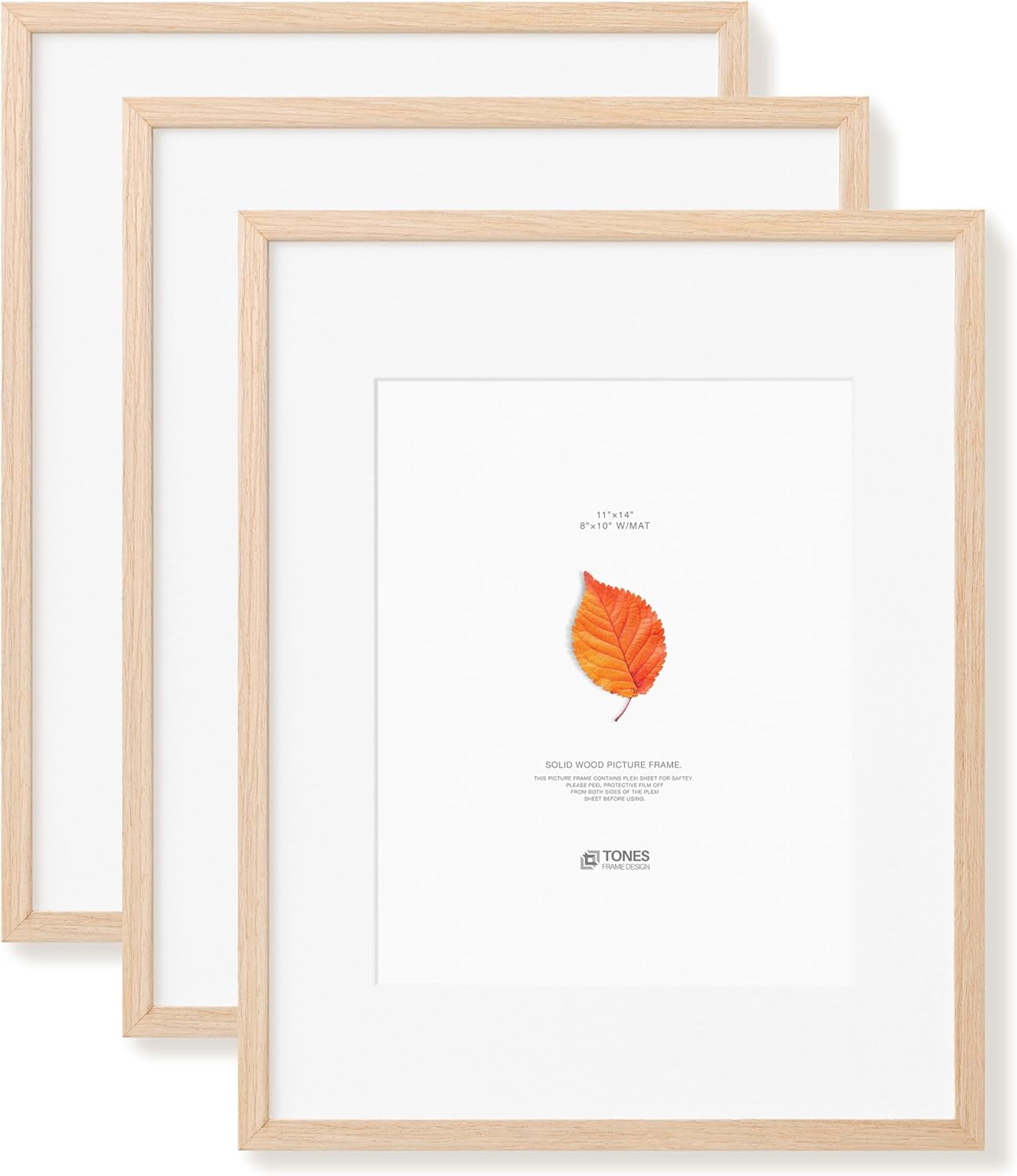 Set of 3 Solid Oak Wood 11x14 Picture Frames with Mat for 8x10 Photos ...