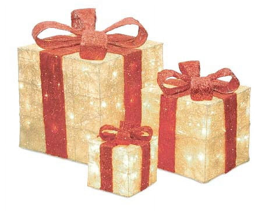 Set of 3 Sparkling Cream Sisal Gift Boxes Lighted Christmas Yard Art ...