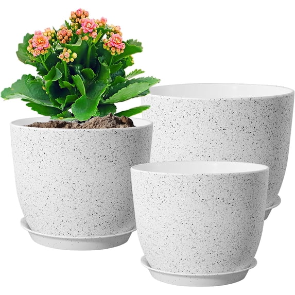 Set of 3 Speckled White Planters, 12/10/9 Inch, Plastic Pots with ...