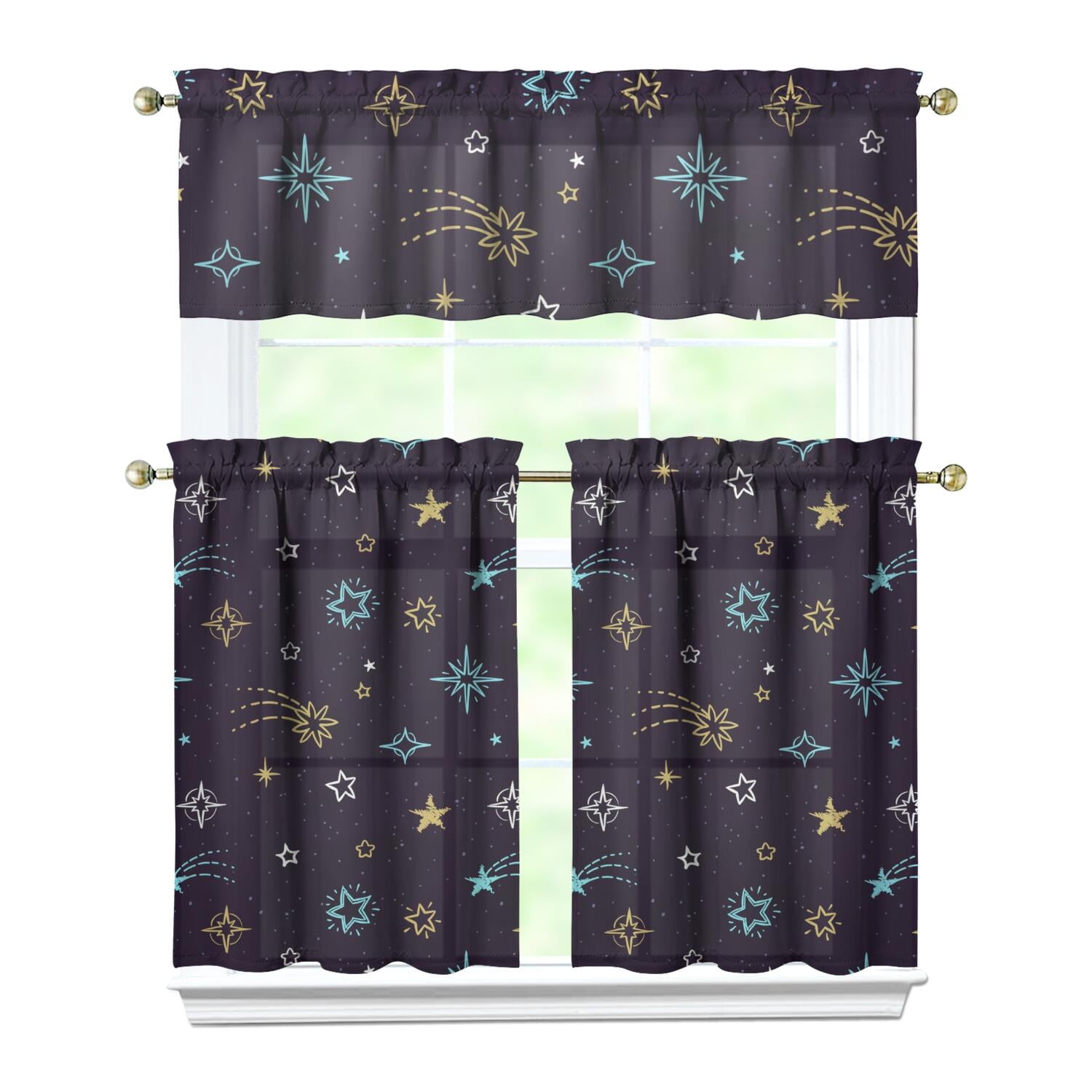 Set of 3 Starry Night Caf Curtains - Space Galaxy Theme, Valance & Tier ...