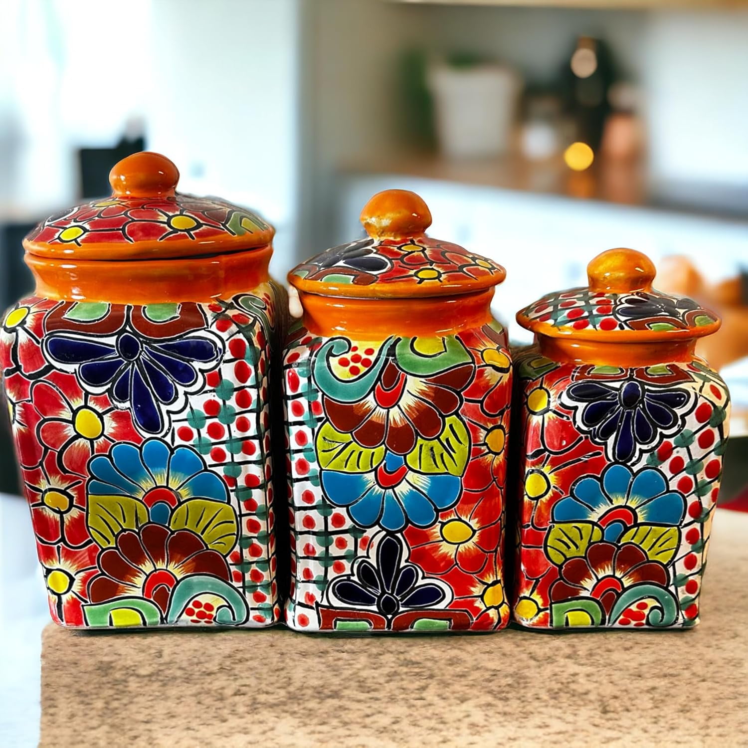 Set of 3 Talavera Kitchen Canisters - Floral Design with Orange Rim ...