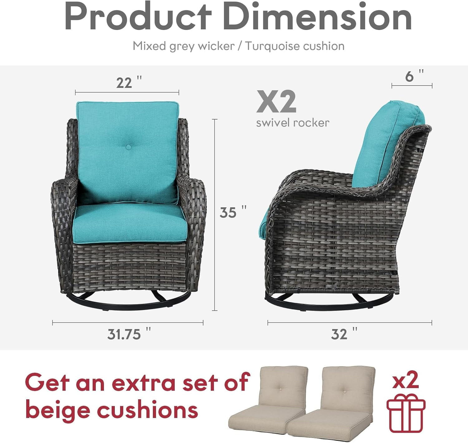 Set of 3 Turquoise Wicker Swivel Rocker Chairs with Side Table | Heavy ...