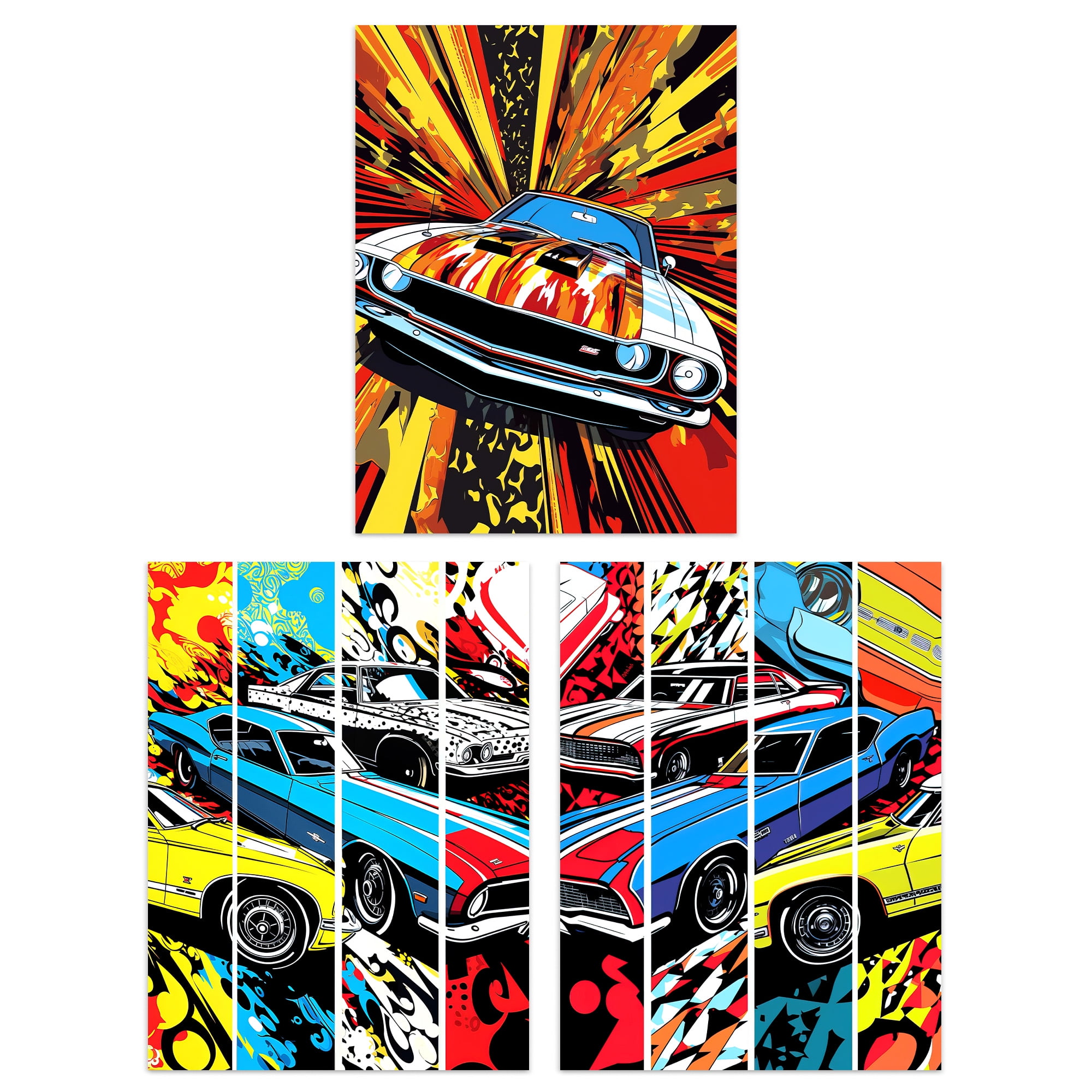 Set of 3 Vibrant Muscle Sports Cars Comic Strip Artworks Yellow Red ...