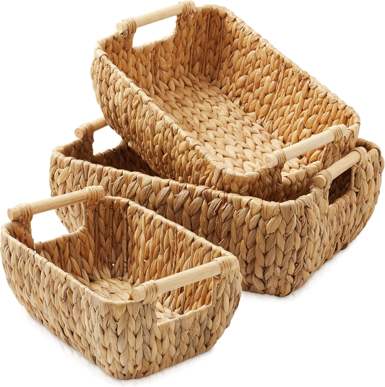 Set of 3 Water Hyacinth Oval Storage Baskets with Wooden Handles ...