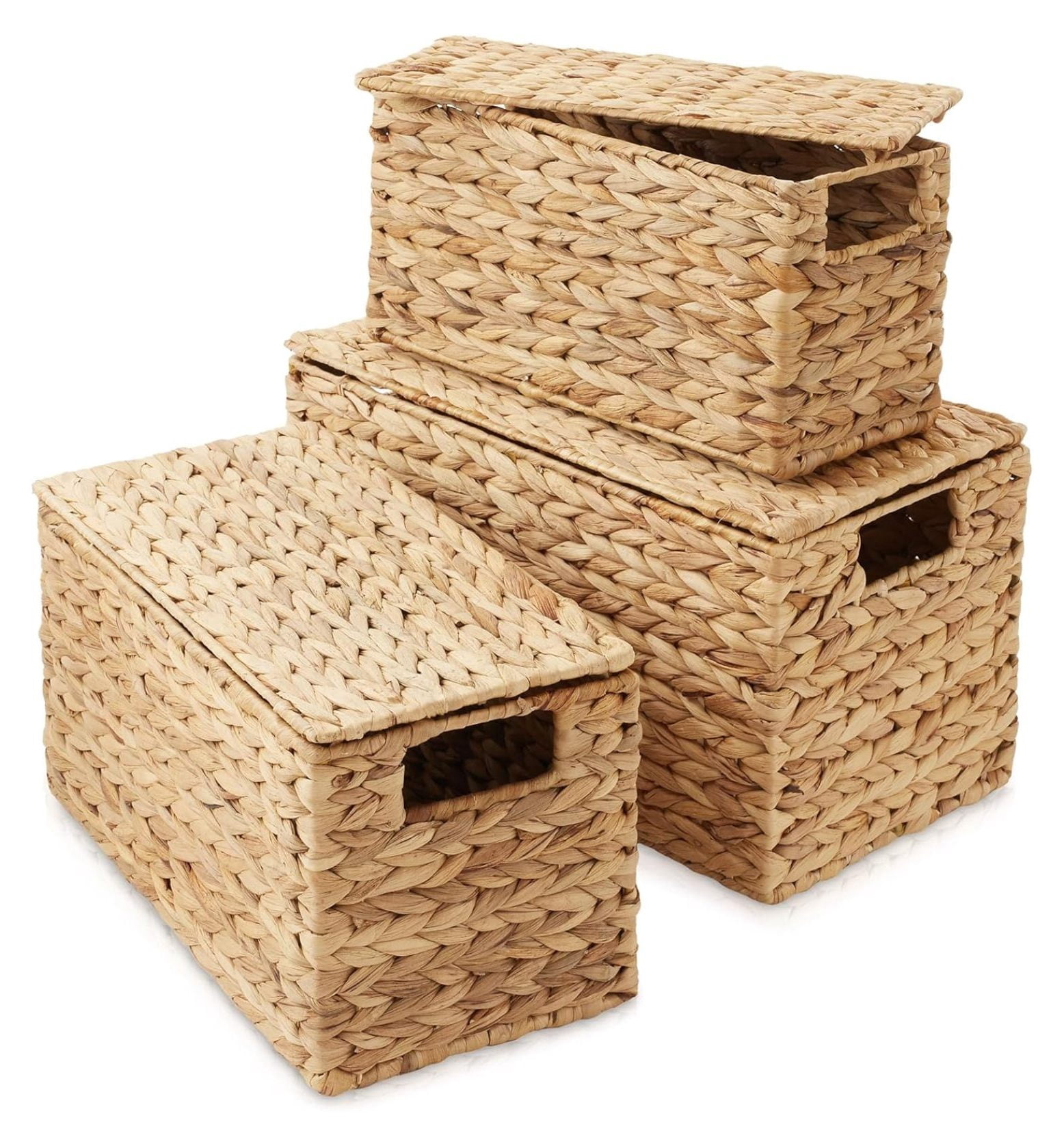 Set of 3 Water Hyacinth Storage Baskets with Lids, Natural - Small ...