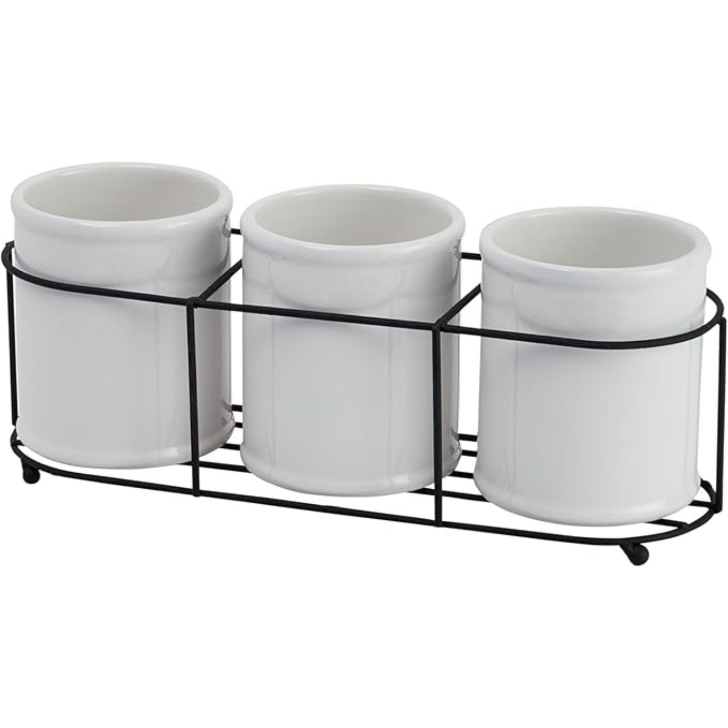 Set of 3 White Ceramic Crocks in Black Metal Holder - Walmart.com