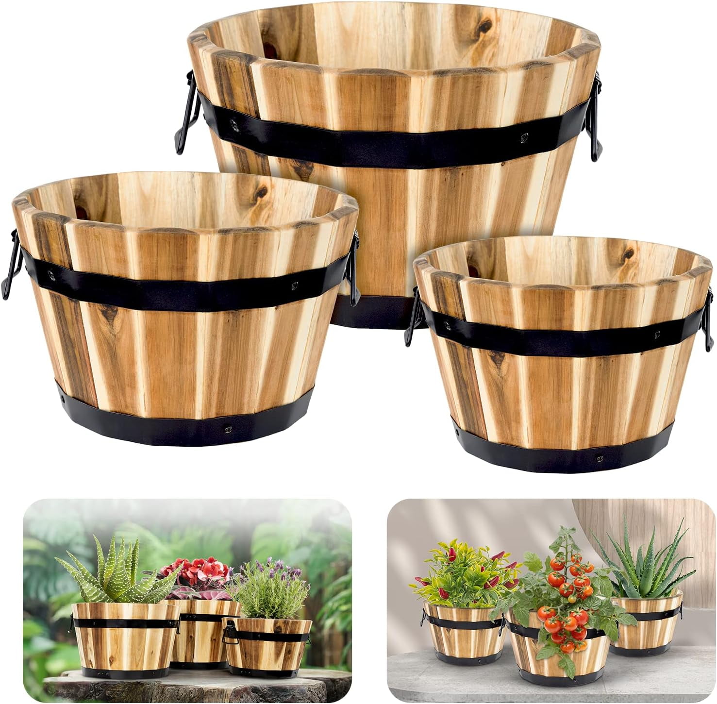 Set of 3 Wooden Barrel Planters Outdoor, Multiple Sizes (11 - 12 - 15 ...
