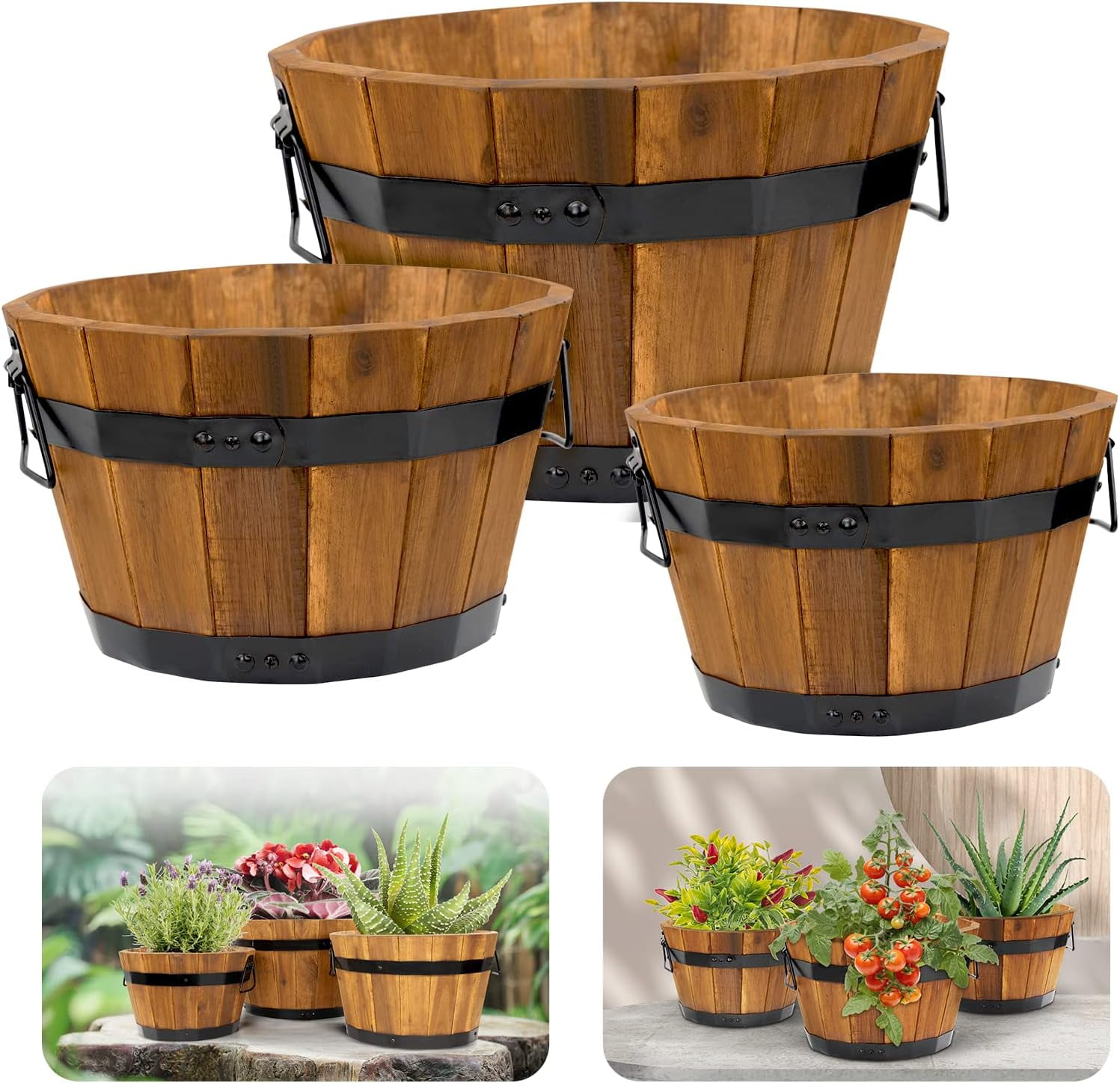 Set of 3 Wooden Barrel Planters Outdoor, Multiple Sizes (11 - 12 - 15 ...