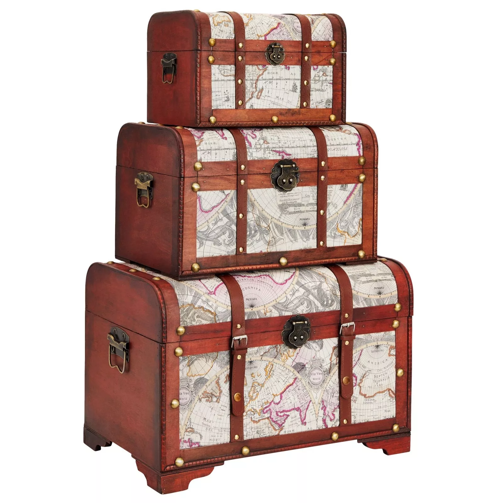 Set of 3 Wooden Storage Trunks and Chests, Antique Map Print Suitcases ...