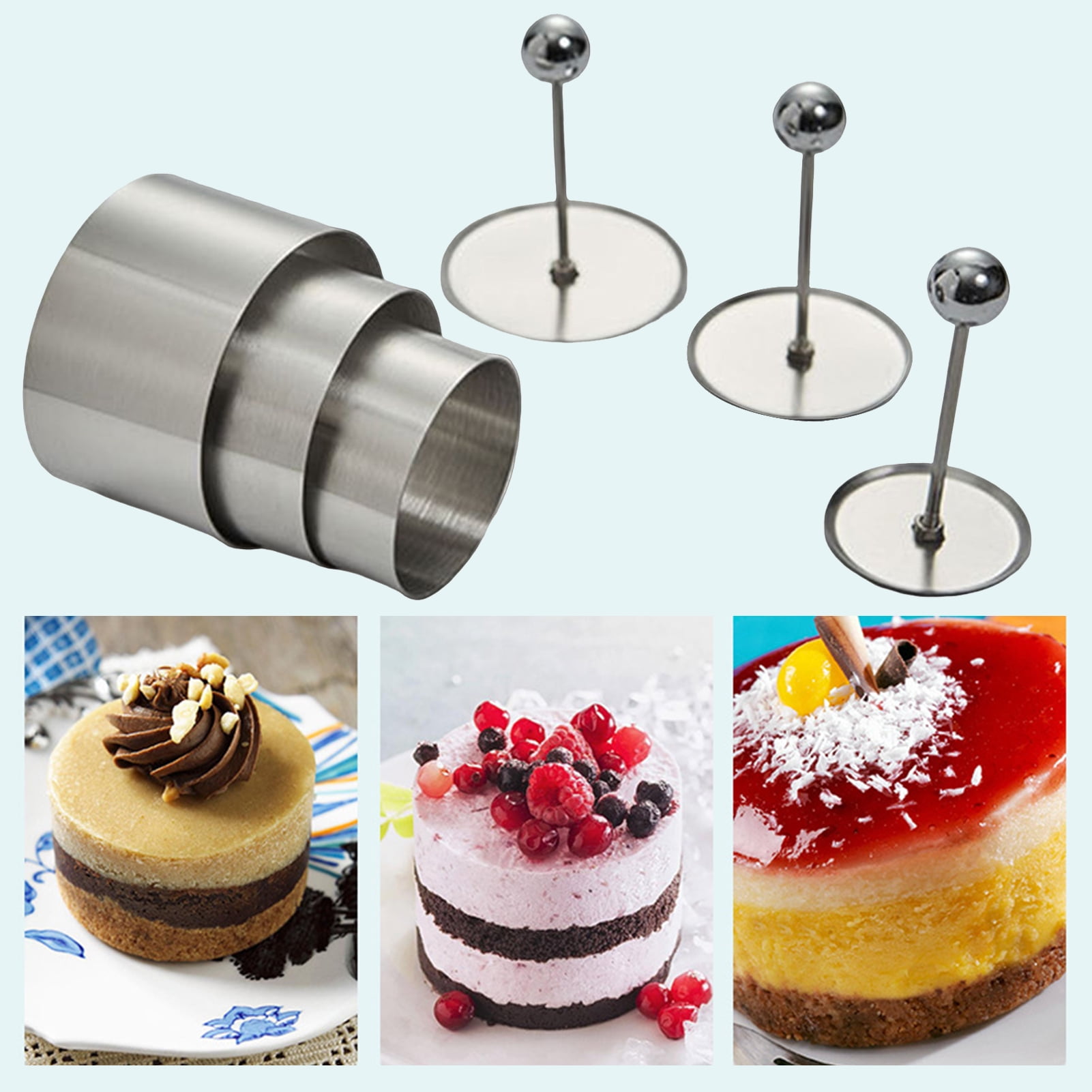Set of 3 and Three Push Board - Round Stainless Steel Cake Rings ...