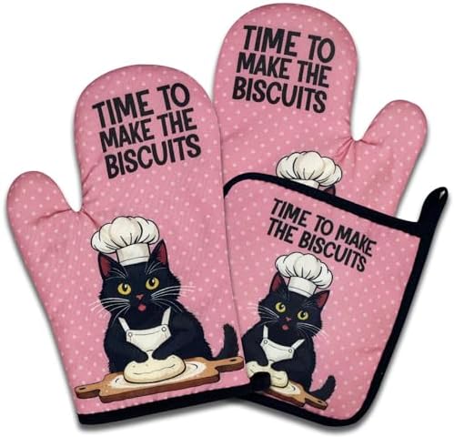 Set of 3 funny black cat oven mitts with 