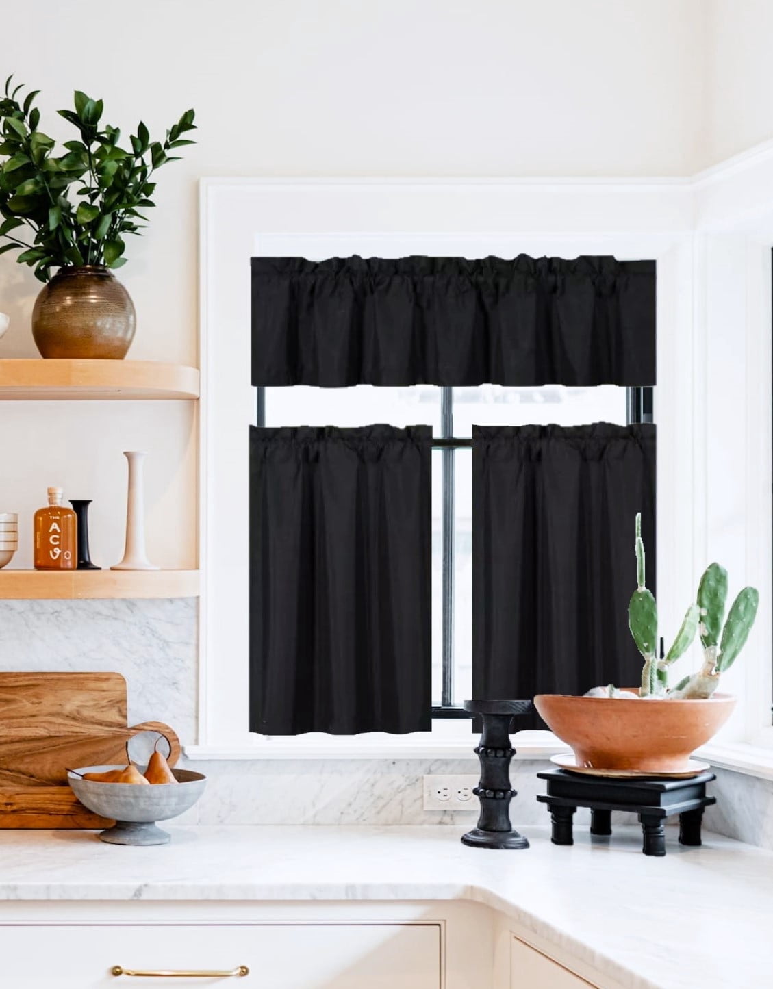 3PC Blackout Kitchen Curtain Set, Rod Pocket, Black Linen, Includes 2 ...