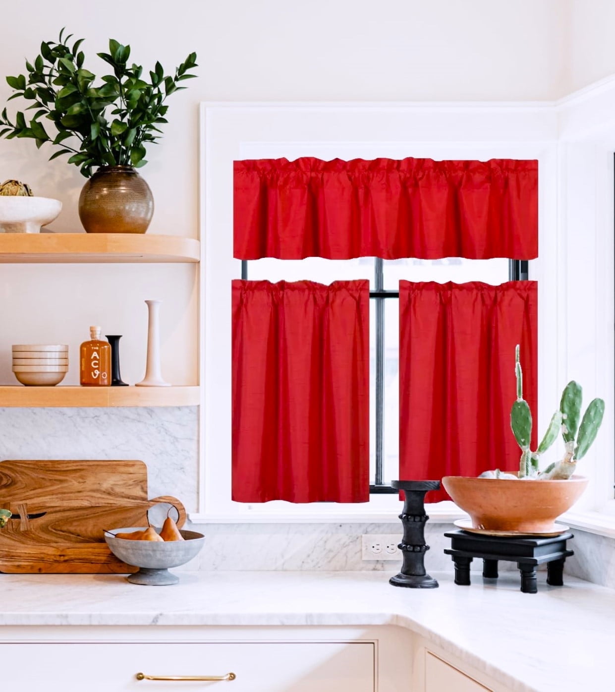 3PC Red Kitchen Curtain Set, Blackout, Rod Pocket, Includes 2 Tier Panels & 1 Swag Valance ...