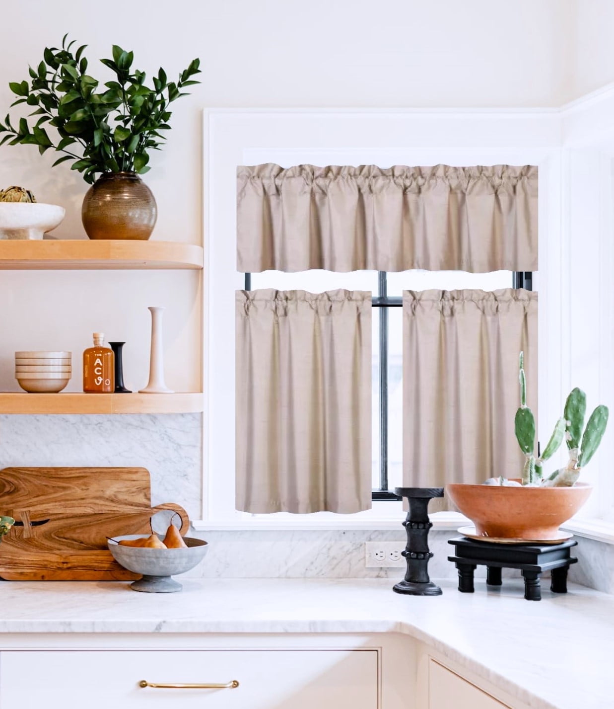 3-Piece Kitchen Curtain Set, Blackout Rod Pocket Drapes, Taupe Color ...
