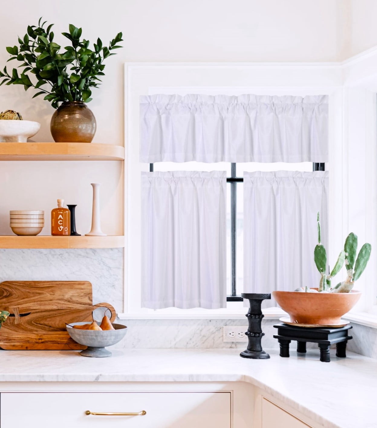 3-Piece White Kitchen Curtain Set, Rod Pocket, Blackout, Includes Two ...