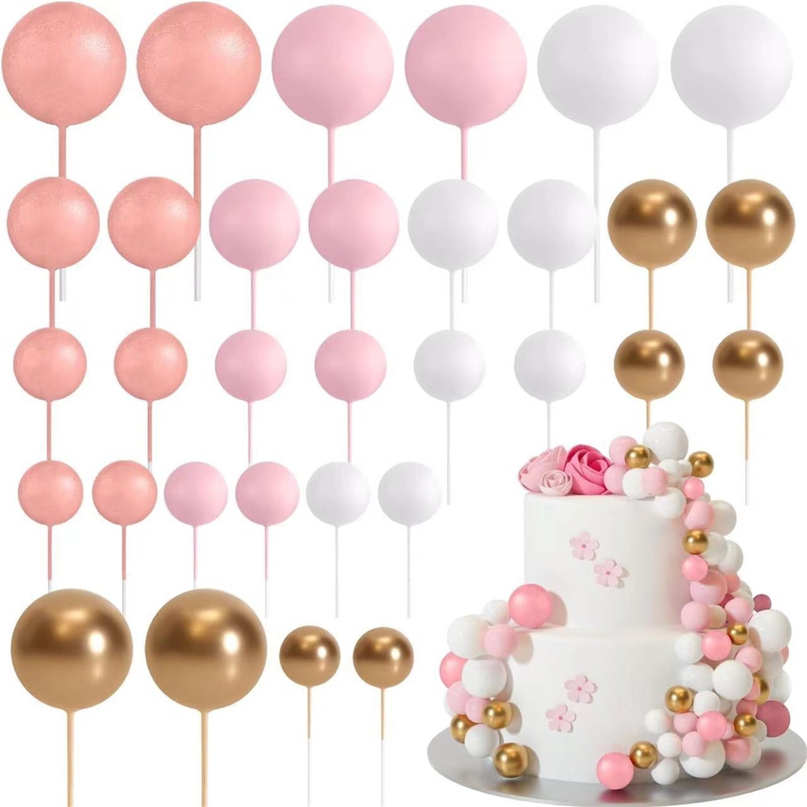 Set of 32 Cake Topper Balls Pink, White, Gold Perfect for Birthday ...