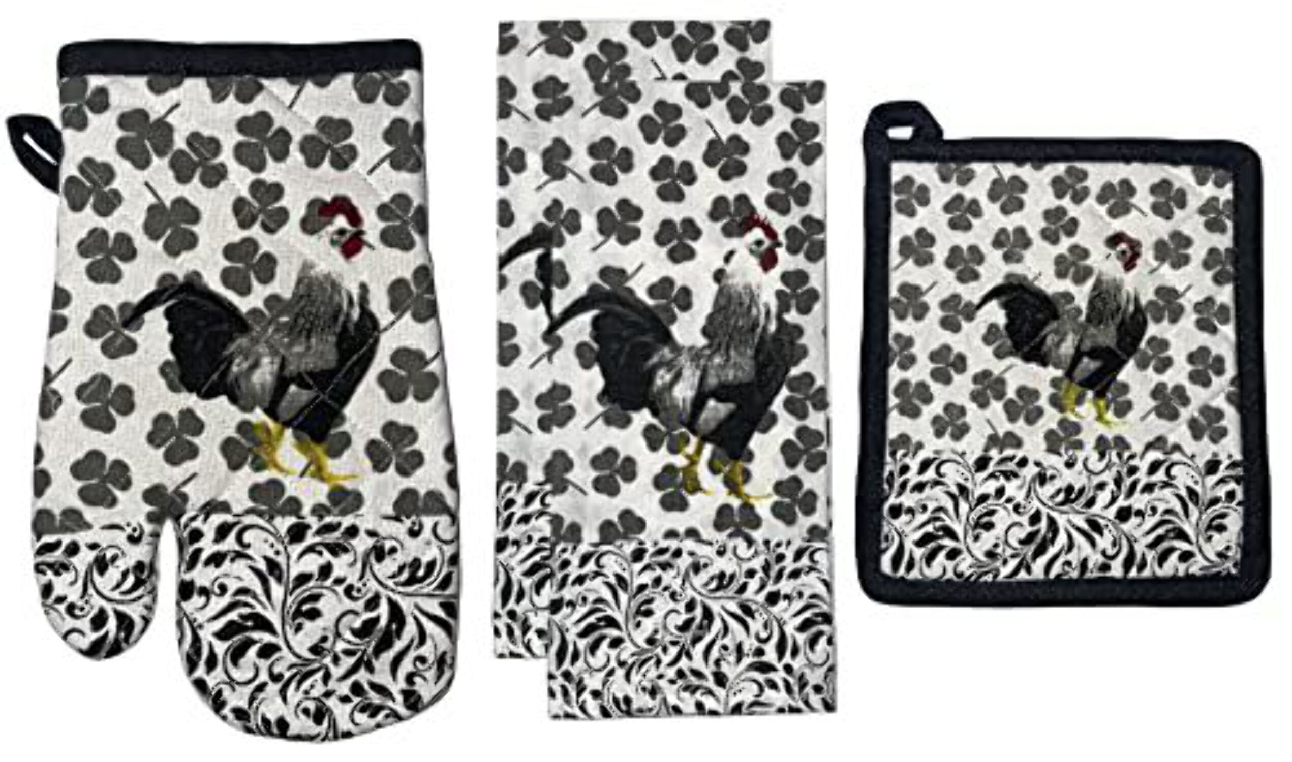 Set of 4, 100% Cotton Black White Roosters Theme Farmhouse Kitchen ...