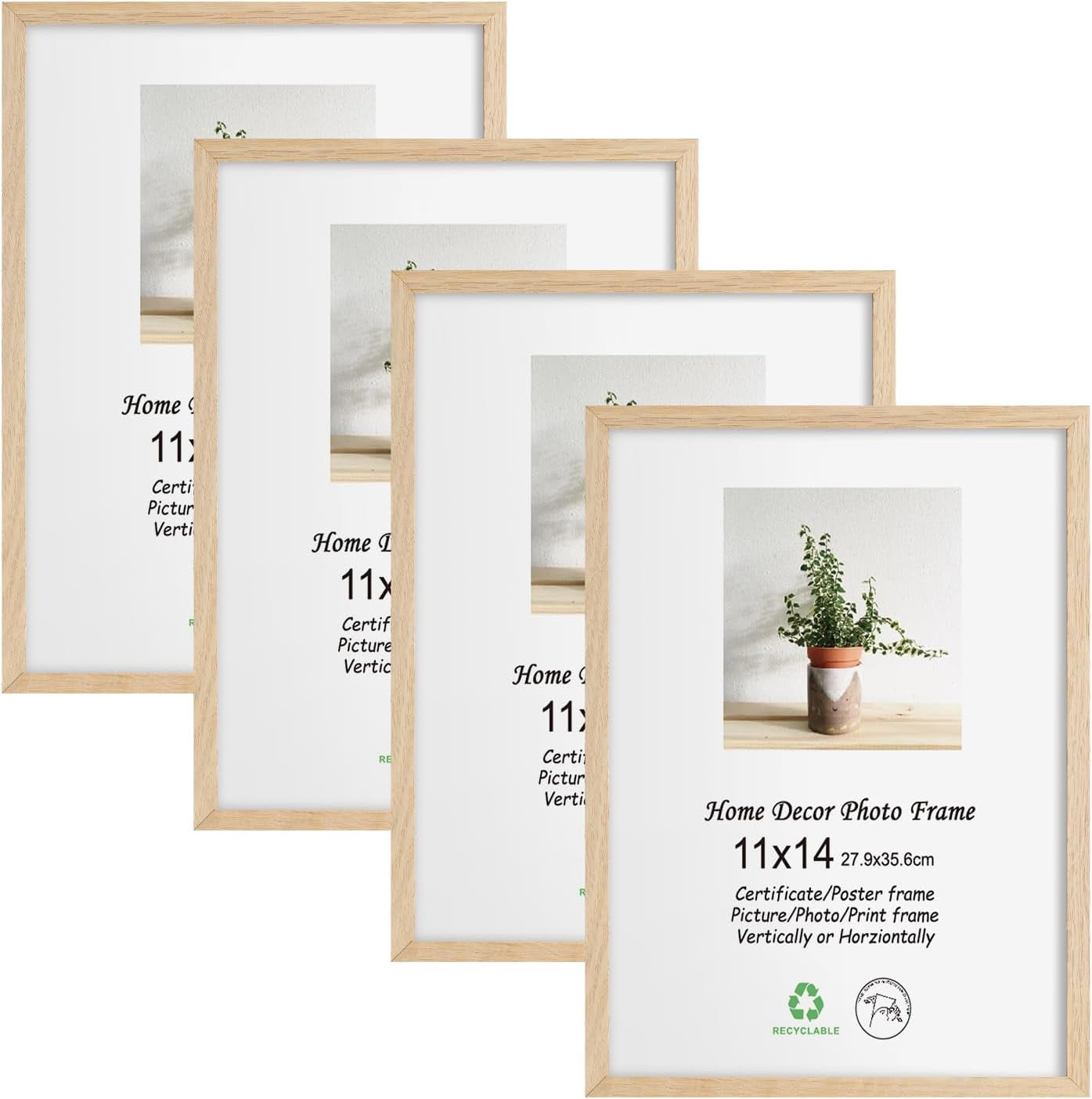 Set of 4 11x14 Natural Solid Oak Wood Picture Frames with Plexiglass for Gallery Art Collage ...