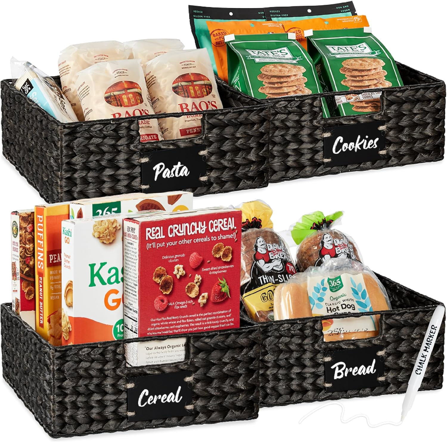Set of 4 13x12in Water Hyacinth Pantry Baskets, Woven Organizers w ...