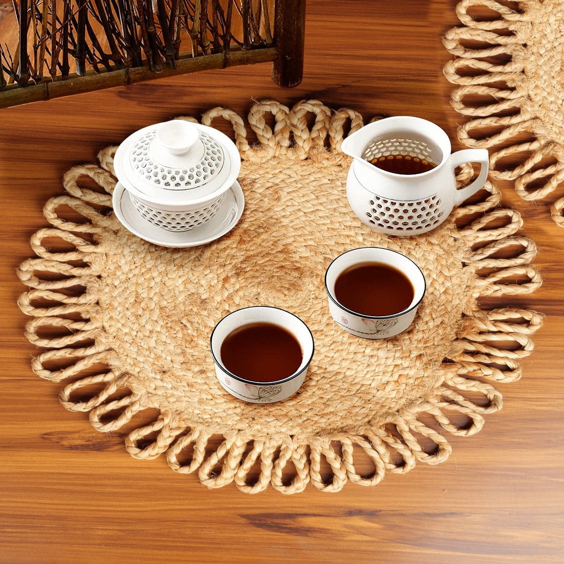 Set of 4 15-Inch Round Woven Placemats - Natural Jute Yarn Braided ...