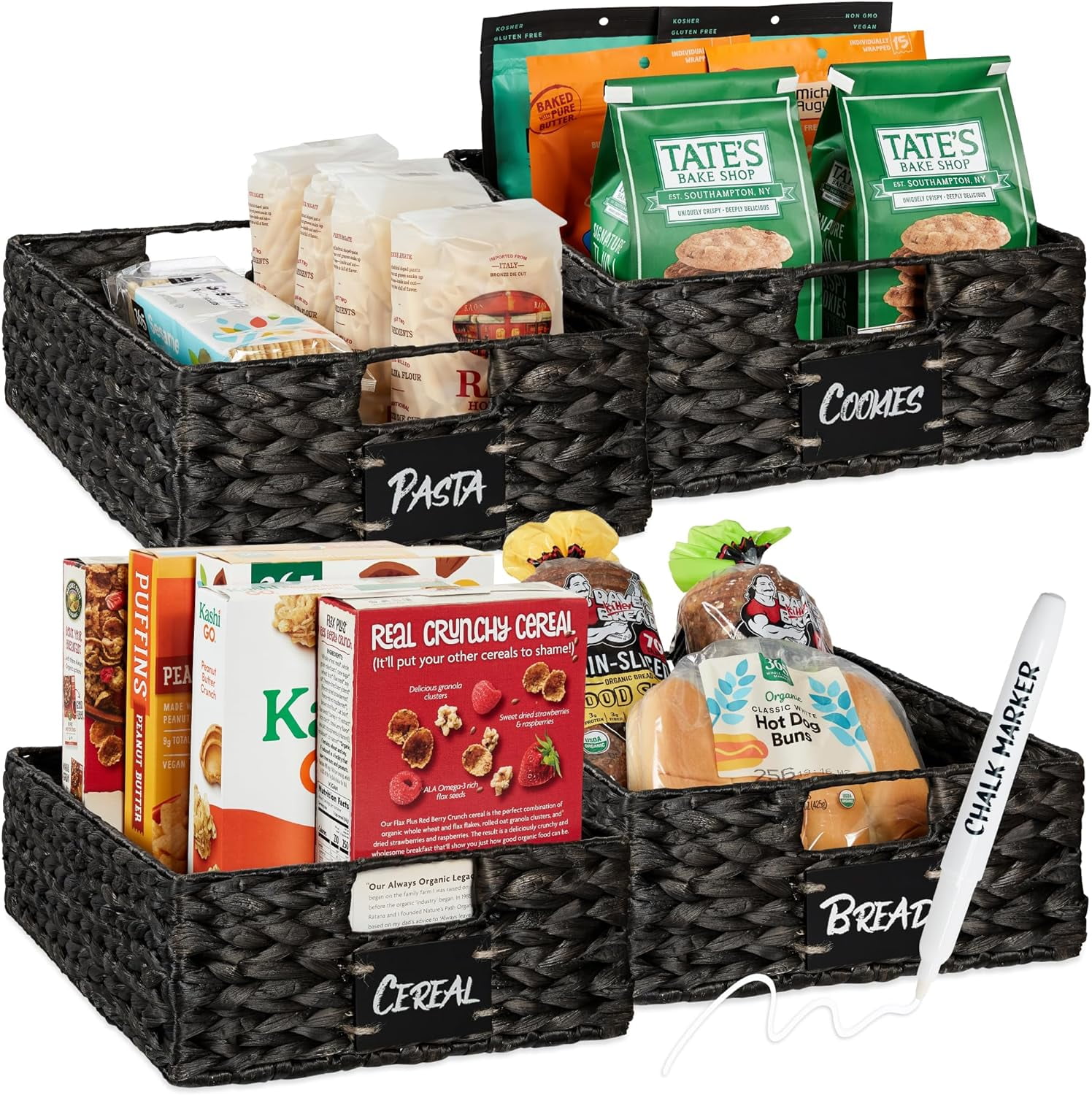 Set of 4 16x12in Large Water Hyacinth Pantry Baskets, Woven Kitchen ...