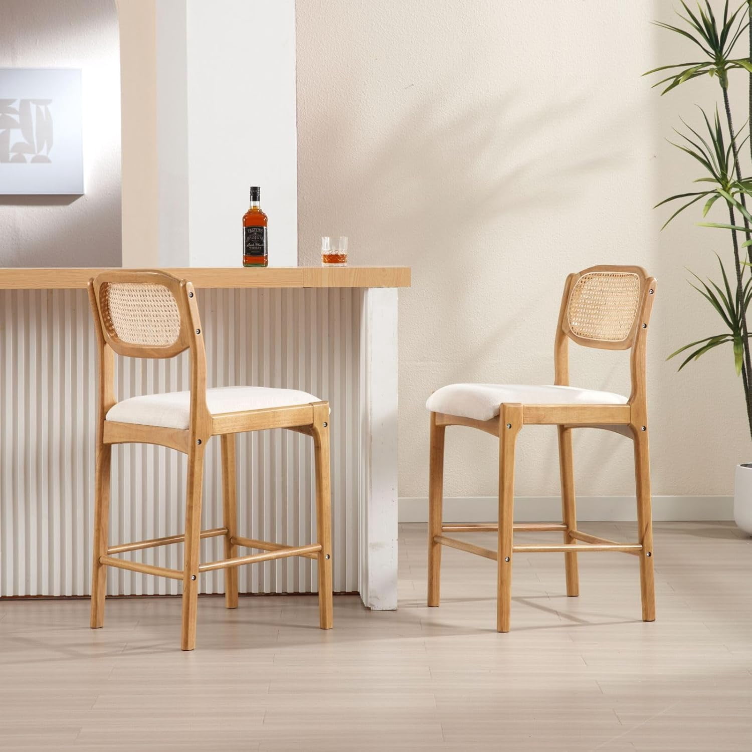 Set of 4 Beige Linen Counter Stools with Rattan Back | Farmhouse Style ...