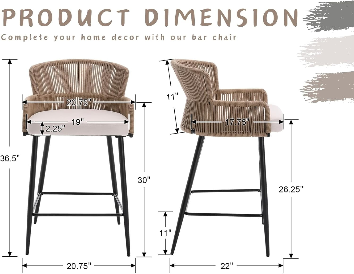 Set of 4 Beige Linen Counter Stools with Woven Rope Backrest and Wicker ...