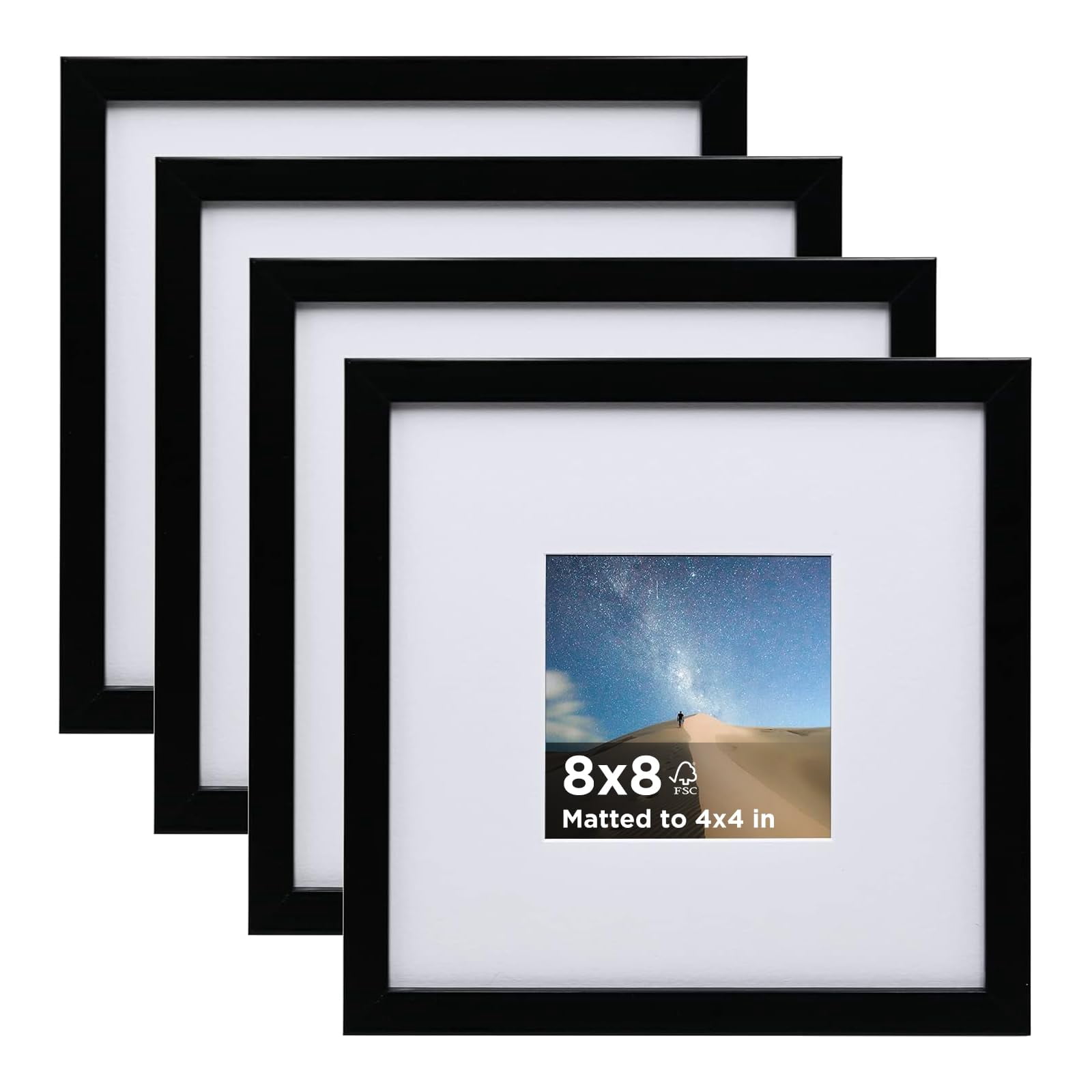 Set of 4 Black 8x8 Picture Frames, Wooden Square Photo Frames with ...
