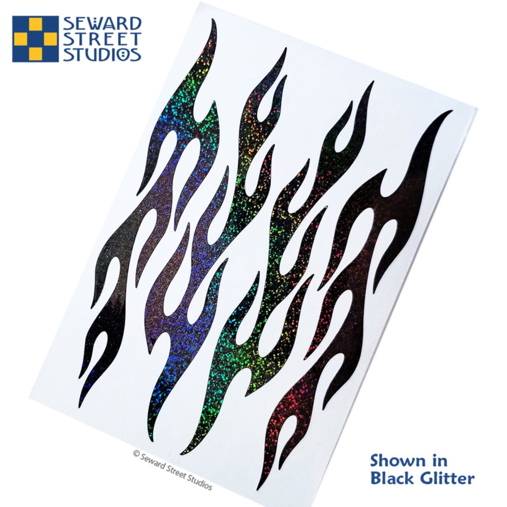 Set of 4 Black Flames Glitter Decals, Flame Bike Helmet Stickers Sheet ...