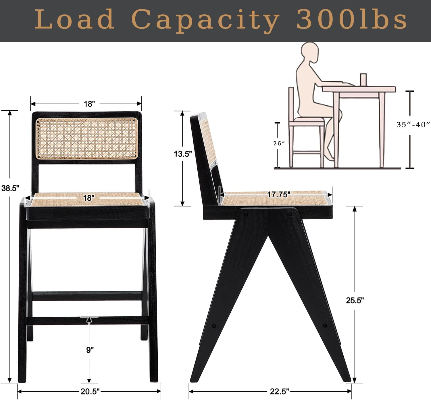 Set of 4 Black Rattan Counter Height Bar Stools with Cane Seats - Mid ...