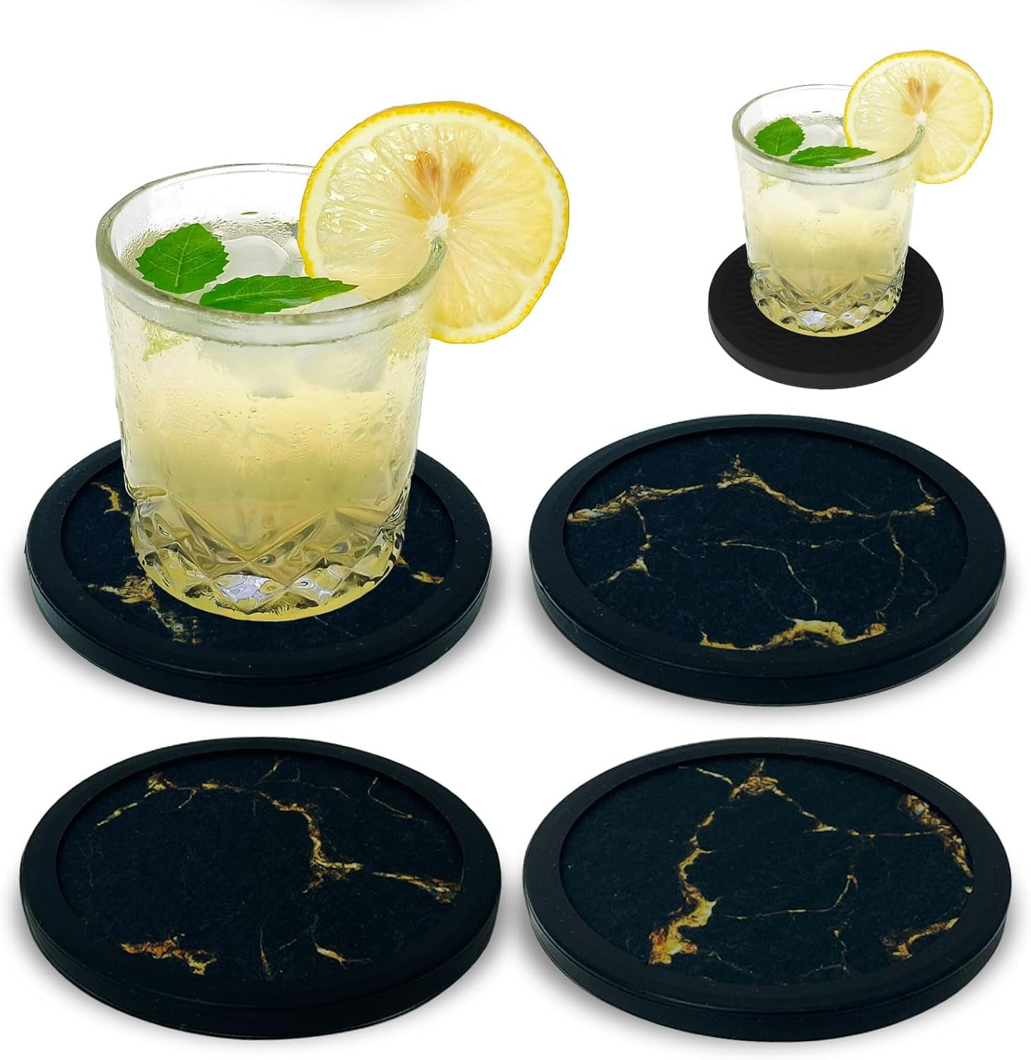 Set of 4 Black Silicone Coasters, Double-Sided Absorbent Felt & Non ...