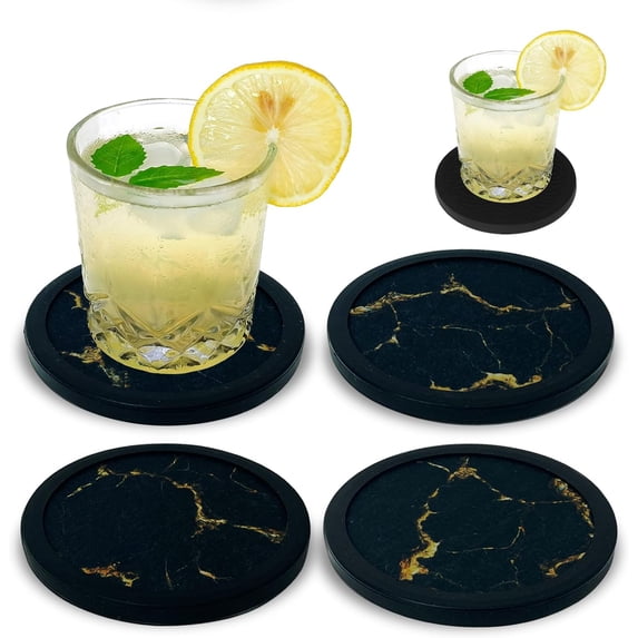 Set of 4 Black Silicone Coasters, Double-Sided Absorbent Felt & Non ...