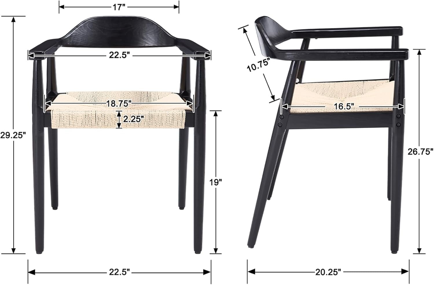 Set of 4 Black Wood Mid Dining Chairs with Arms, Woven Rope Seats ...