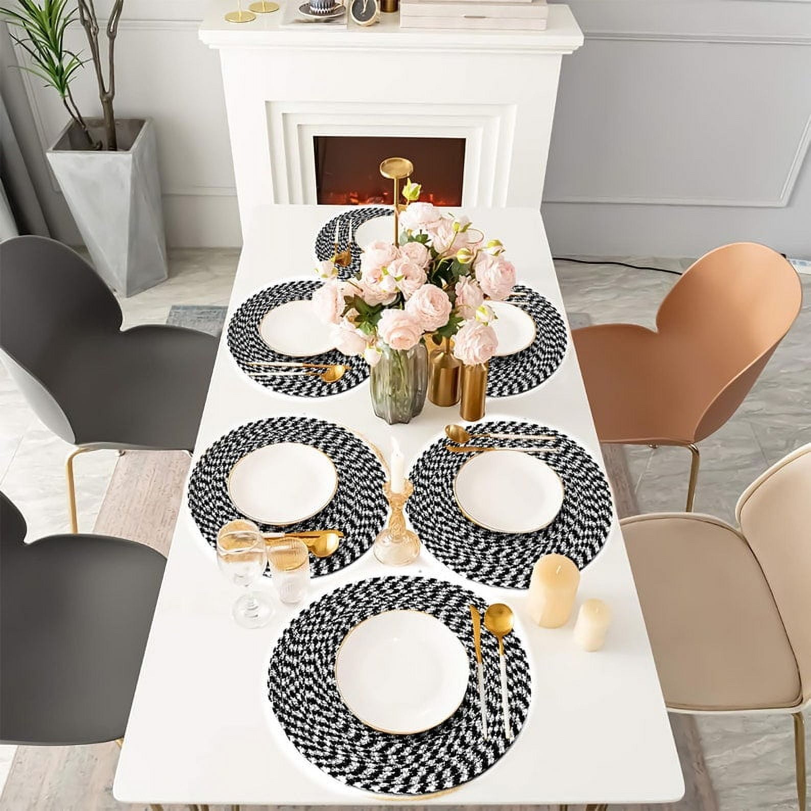 Set of 4 Black and White 15-Inch Round Cotton Placemats for Home ...