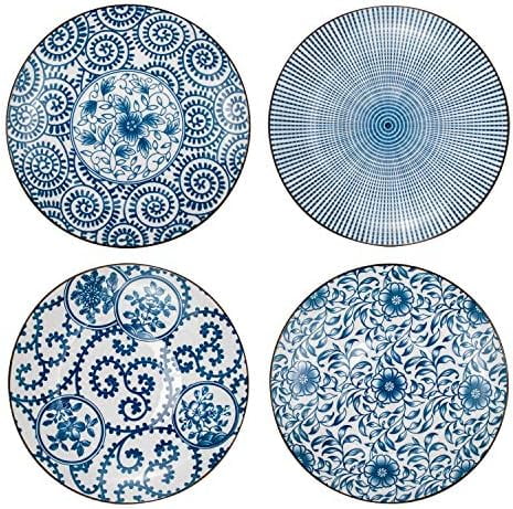 Set of 4 Blue and White Porcelain Serving Plates Floral Dinner Shallow ...