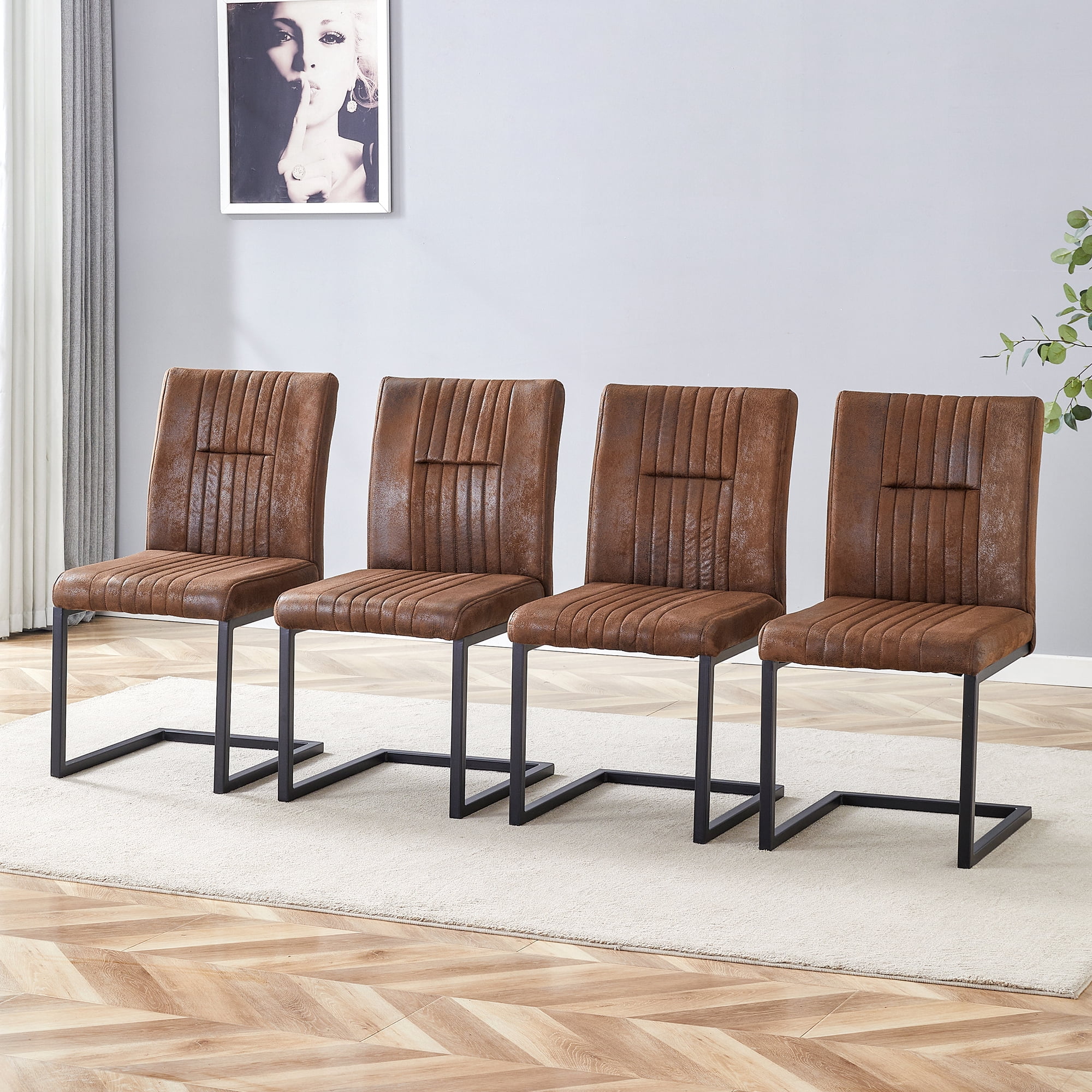 Set of 4 Brown Dining Chairs, Tech Fabric with Sponge Filling & Black ...